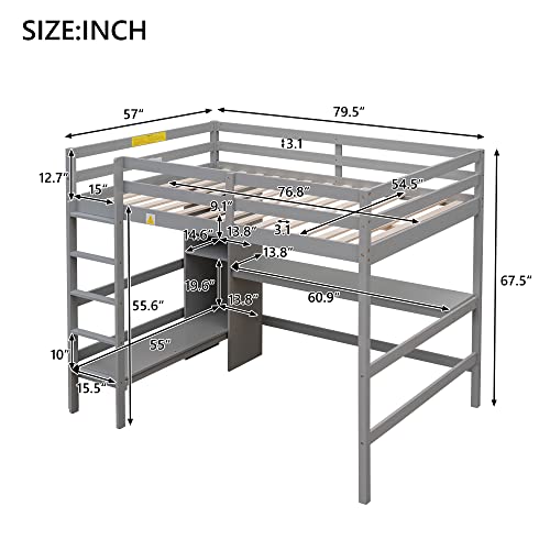 Harper & Bright Designs Full Size Loft Bed with Desk and Storage Shelves, Solid Wood Full Loft Bed Frame with Sturdy Slats for Kids Teens Adults, Easy to Assemble (Full, Gray), Grey