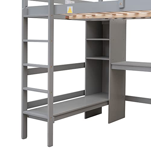 Harper & Bright Designs Full Size Loft Bed with Desk and Storage Shelves, Solid Wood Full Loft Bed Frame with Sturdy Slats for Kids Teens Adults, Easy to Assemble (Full, Gray), Grey