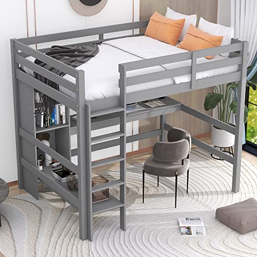 Harper & Bright Designs Full Size Loft Bed with Desk and Storage Shelves, Solid Wood Full Loft Bed Frame with Sturdy Slats for Kids Teens Adults, Easy to Assemble (Full, Gray), Grey