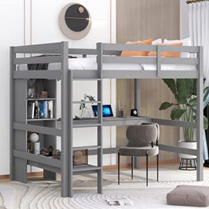 Harper & Bright Designs Full Size Loft Bed with Desk and Storage Shelves, Solid Wood Full Loft Bed Frame with Sturdy Slats for Kids Teens Adults, Easy to Assemble (Full, Gray), Grey