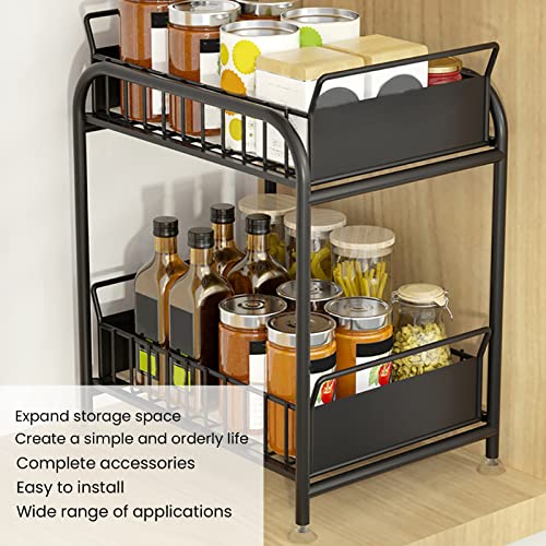 2 Tiers Pull Out Under Sink Organizer, Iron Sliding Under Bathroom Cabinet Undersink Storage Organizer, Multi-purpose Under Sink Shelf Organizer Basket, for Bathroom, Kitchen (Black)