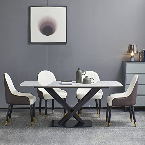 Marble Top Dining Table for 4-6, 63" Metal Frame Furniture Kitchen Table with Sintered Stone Tabletop and X-Base, Modern Mid-Century Dining Table(1 Pc Table(Black))