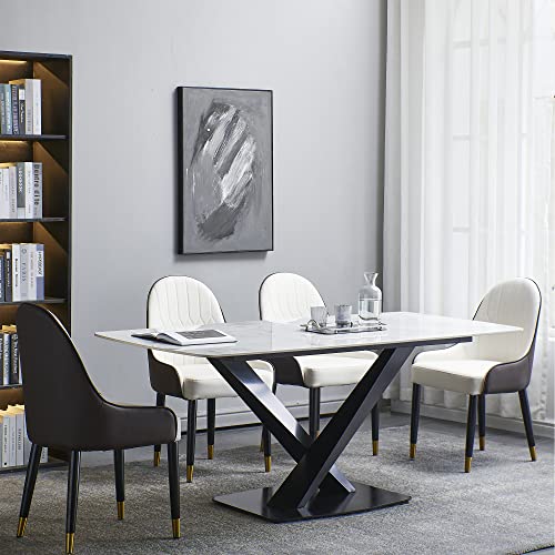 Marble Top Dining Table for 4-6, 63" Metal Frame Furniture Kitchen Table with Sintered Stone Tabletop and X-Base, Modern Mid-Century Dining Table(1 Pc Table(Black))