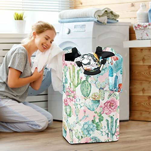 xigua 50L Watercolor Cactus Laundry Hamper, Collapsible Large Laundry Basket with Handles, Portable Clothes Hamper for Laundry, Bathroom, Bedroom, College Dorms