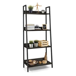 caphaus 4 tier ladder bookshelf, 24 inch width free standing shelf, bookcase shelf storage rack organizer, industrial book shelves for home office, living room, kitchen, black wooden shelves