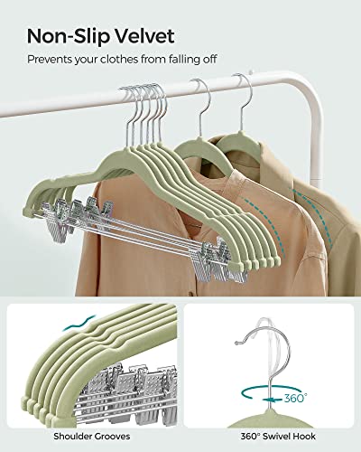 SONGMICS 30-Pack Pants Hangers and 50-Pack Clothes Hanger Bundle, Velvet Hangers with Adjustable Clips, Non-Slip, and Space-Saving, Pale Green and Pale Brown UCRF012GR30 and UCRF021LB50