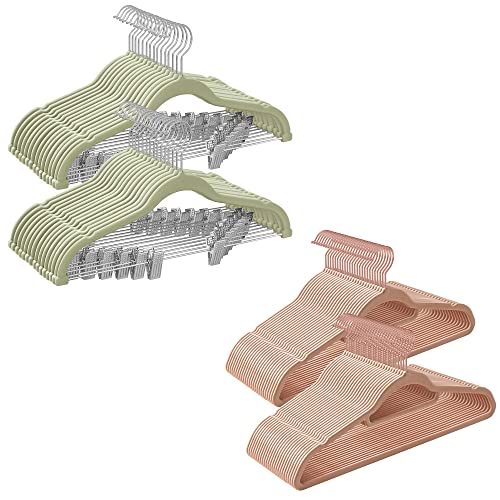 SONGMICS 30-Pack Pants Hangers and 50-Pack Clothes Hanger Bundle, Velvet Hangers with Adjustable Clips, Non-Slip, and Space-Saving, Pale Green and Pale Brown UCRF012GR30 and UCRF021LB50