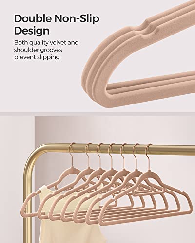 SONGMICS 30-Pack Pants Hangers and 50-Pack Clothes Hanger Bundle, Velvet Hangers with Adjustable Clips, Non-Slip, and Space-Saving, Pale Green and Pale Brown UCRF012GR30 and UCRF021LB50