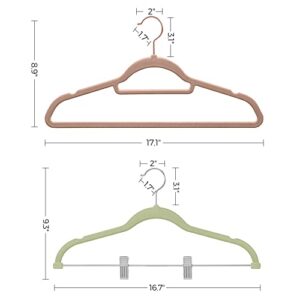 SONGMICS 30-Pack Pants Hangers and 50-Pack Clothes Hanger Bundle, Velvet Hangers with Adjustable Clips, Non-Slip, and Space-Saving, Pale Green and Pale Brown UCRF012GR30 and UCRF021LB50