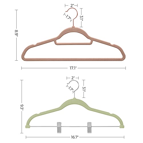 SONGMICS 30-Pack Pants Hangers and 50-Pack Clothes Hanger Bundle, Velvet Hangers with Adjustable Clips, Non-Slip, and Space-Saving, Pale Green and Pale Brown UCRF012GR30 and UCRF021LB50