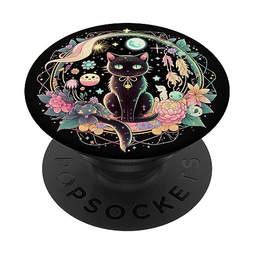 Moon Phases Crystal Witchy Cute Black Cat Kawaii Pastel Goth PopSockets Standard PopGrip