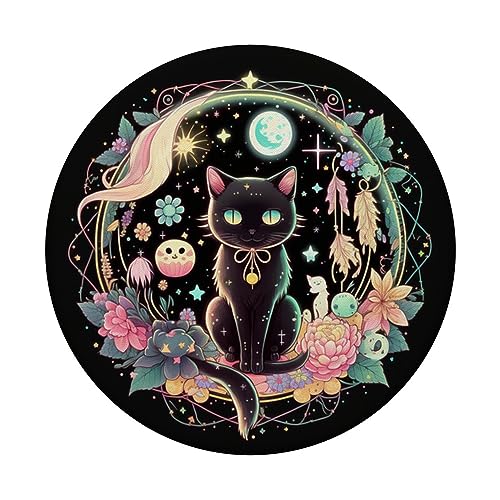 Moon Phases Crystal Witchy Cute Black Cat Kawaii Pastel Goth PopSockets Standard PopGrip