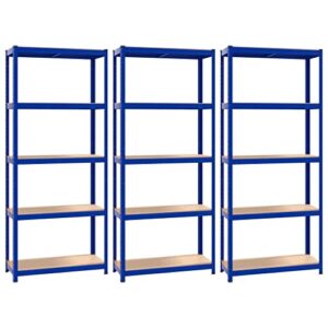 vidaXL Industrial Style 5-Layer Storage Shelves, 3-Piece Set, Blue - Galvanized Steel, Engineered Wood and Plastic for Residential and Commercial Use