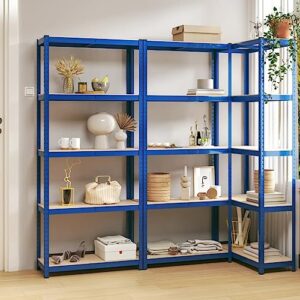 vidaXL Industrial Style 5-Layer Storage Shelves, 3-Piece Set, Blue - Galvanized Steel, Engineered Wood and Plastic for Residential and Commercial Use