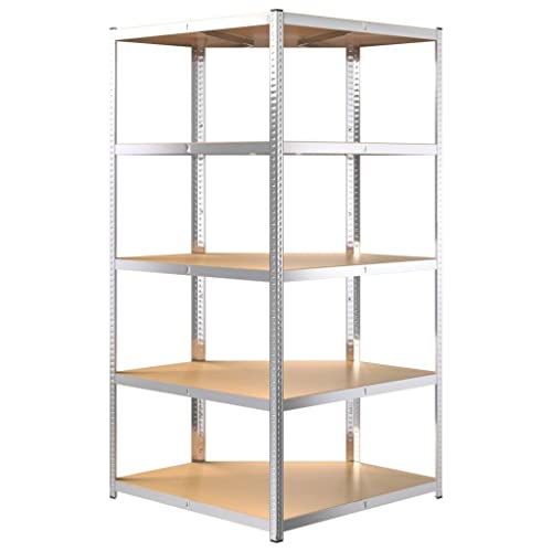 vidaXL 5-Layer Corner Shelf in Silver - Industrial Design - Galvanized Steel and Engineered Wood Construction - Ample Storage Space