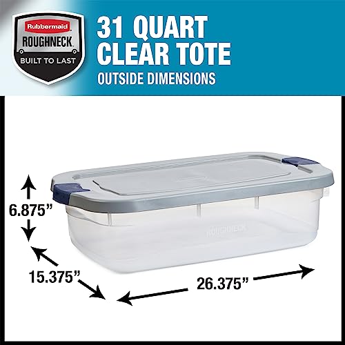 Rubbermaid Roughneck Clear 31 Qt/ 7.75 Gal Storage Containers, Pack of 6 with Snap-Fit Grey Lids, Visible Base, Sturdy and Stackable, Great for Storage and Organization