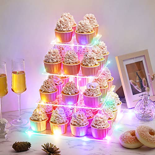 4 Tier Cupcake Stand with LED String Light, Acrylic Cupcake Display Stand, Square Cupcake Tower Holder, Cup Cake Stand for Birthday, Wedding, Baby Shower, Party