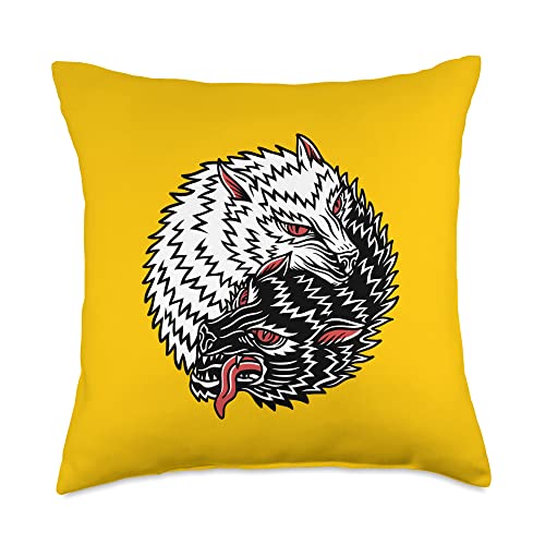 Tiger Flash Tattoo Supply Co Wolves American Traditional Tattoo Trendy Old School Flash Throw Pillow, 18x18, Multicolor