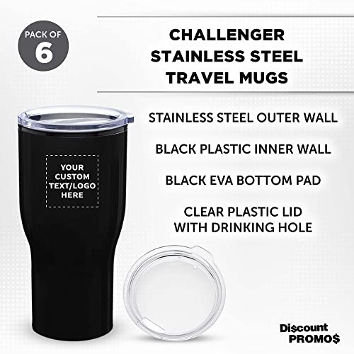 Custom Stainless Steel Travel Mugs by Challenger 28 oz. Set of 6, Personalized Bulk Pack - Perfect for Coffee, Soda, Other Hot & Cold Beverages - Black