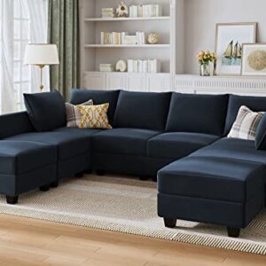 HONBAY Modular Sectional Sofa with Ottoman Oversized U Shaped Couch with Reversible Chaise Velvet Sleeper Modular Sofa Convertible Sectional Couch for Living Room, Dark Blue