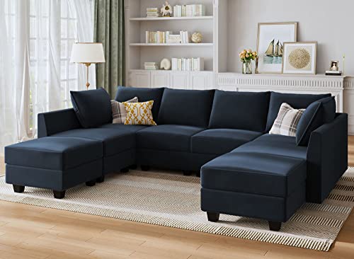 HONBAY Modular Sectional Sofa with Ottoman Oversized U Shaped Couch with Reversible Chaise Velvet Sleeper Modular Sofa Convertible Sectional Couch for Living Room, Dark Blue