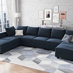 HONBAY Modular Sectional Sofa with Ottoman Oversized U Shaped Couch with Reversible Chaise Velvet Sleeper Modular Sofa Convertible Sectional Couch for Living Room, Dark Blue