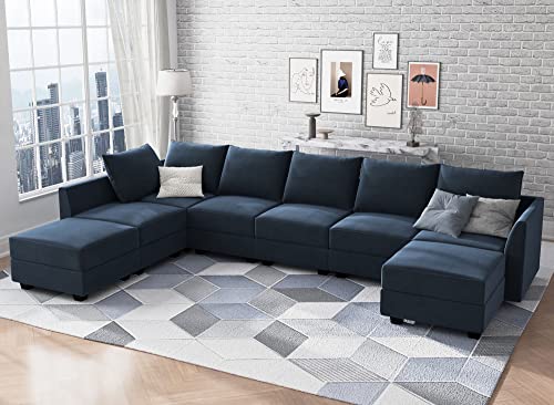 HONBAY Modular Sectional Sofa with Ottoman Oversized U Shaped Couch with Reversible Chaise Velvet Sleeper Modular Sofa Convertible Sectional Couch for Living Room, Dark Blue