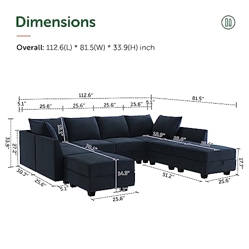 HONBAY Modular Sectional Sofa with Ottoman Oversized U Shaped Couch with Reversible Chaise Velvet Sleeper Modular Sofa Convertible Sectional Couch for Living Room, Dark Blue