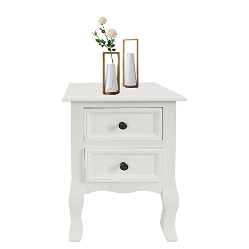 White Nightstand, Bedside Table with 2 Drawers, Wooden Nightstands for Bedroom Small End Tables for Small Spaces Side Table with Storage, Pull Handle, Solid Wood Legs (White Euro Style, 1 PC)