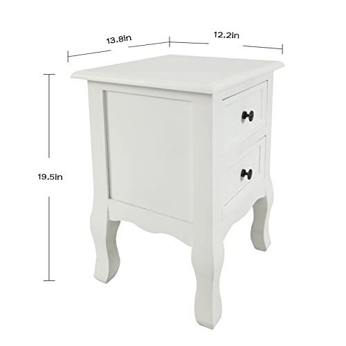 White Nightstand, Bedside Table with 2 Drawers, Wooden Nightstands for Bedroom Small End Tables for Small Spaces Side Table with Storage, Pull Handle, Solid Wood Legs (White Euro Style, 1 PC)