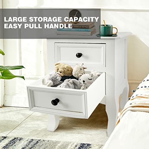 White Nightstand, Bedside Table with 2 Drawers, Wooden Nightstands for Bedroom Small End Tables for Small Spaces Side Table with Storage, Pull Handle, Solid Wood Legs (White Euro Style, 1 PC)