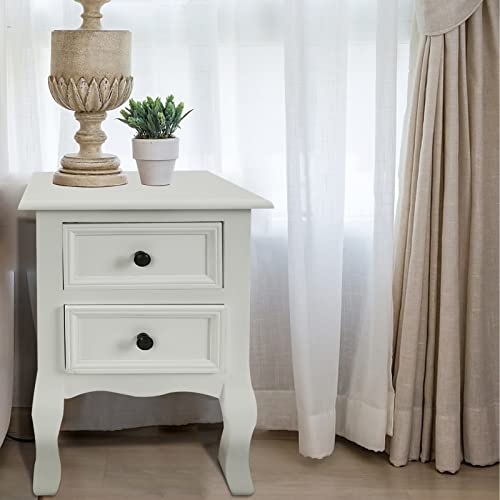 White Nightstand, Bedside Table with 2 Drawers, Wooden Nightstands for Bedroom Small End Tables for Small Spaces Side Table with Storage, Pull Handle, Solid Wood Legs (White Euro Style, 1 PC)