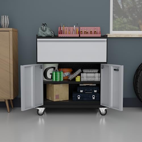 GangMei Garage Metal Storage Cabinet with Wheel for Home Garage/Adjustable Shelves, Lockable, Stiffener and Bumpers Design, Six Cabinets