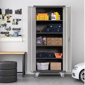 GangMei Garage Metal Storage Cabinet with Wheel for Home Garage/Adjustable Shelves, Lockable, Stiffener and Bumpers Design, Six Cabinets