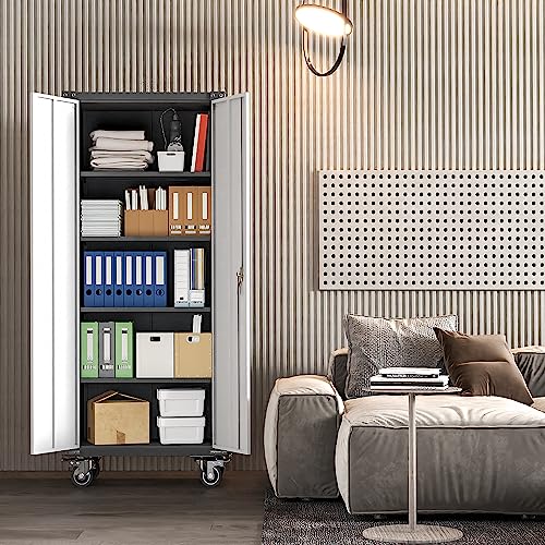 GangMei Garage Metal Storage Cabinet with Wheel for Home Garage/Adjustable Shelves, Lockable, Stiffener and Bumpers Design, Six Cabinets