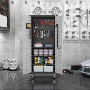 GangMei Garage Metal Storage Cabinet with Wheel for Home Garage/Adjustable Shelves, Lockable, Stiffener and Bumpers Design, Six Cabinets