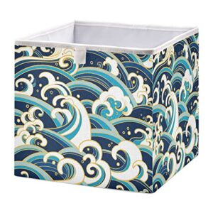 kigai retro ocean wave cube storage bin, 11x11x11 in collapsible fabric storage cubes organizer portable storage baskets for shelves, closets, laundry, nursery, home decor