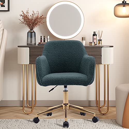 Modern Teddy Home Office Chair, Upholstered Cute Desk Chair with Gold Metal Legs, Adjustable Swivel Task Chair with Wheels, Vanity Chair for Girls Women Small Space Bedroom Study Makeup, Green