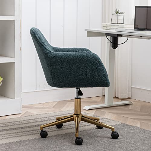 Modern Teddy Home Office Chair, Upholstered Cute Desk Chair with Gold Metal Legs, Adjustable Swivel Task Chair with Wheels, Vanity Chair for Girls Women Small Space Bedroom Study Makeup, Green