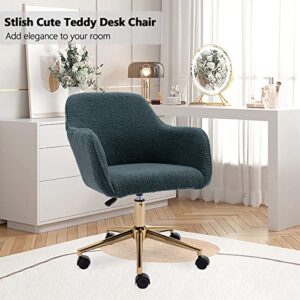 Modern Teddy Home Office Chair, Upholstered Cute Desk Chair with Gold Metal Legs, Adjustable Swivel Task Chair with Wheels, Vanity Chair for Girls Women Small Space Bedroom Study Makeup, Green