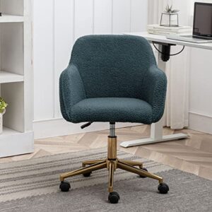 Modern Teddy Home Office Chair, Upholstered Cute Desk Chair with Gold Metal Legs, Adjustable Swivel Task Chair with Wheels, Vanity Chair for Girls Women Small Space Bedroom Study Makeup, Green