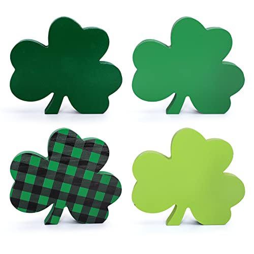 Whaline 4Pcs St. Patrick's Day Wooden Signs Green Plaid Shamrock Table Ornament Lucky Clover Shape Table Centerpieces Irish Holiday Decorative Table Centerpieces for Home Fireplace Tiered Tray Decor