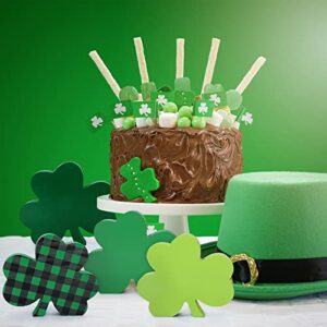 Whaline 4Pcs St. Patrick's Day Wooden Signs Green Plaid Shamrock Table Ornament Lucky Clover Shape Table Centerpieces Irish Holiday Decorative Table Centerpieces for Home Fireplace Tiered Tray Decor