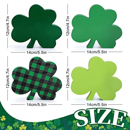 Whaline 4Pcs St. Patrick's Day Wooden Signs Green Plaid Shamrock Table Ornament Lucky Clover Shape Table Centerpieces Irish Holiday Decorative Table Centerpieces for Home Fireplace Tiered Tray Decor