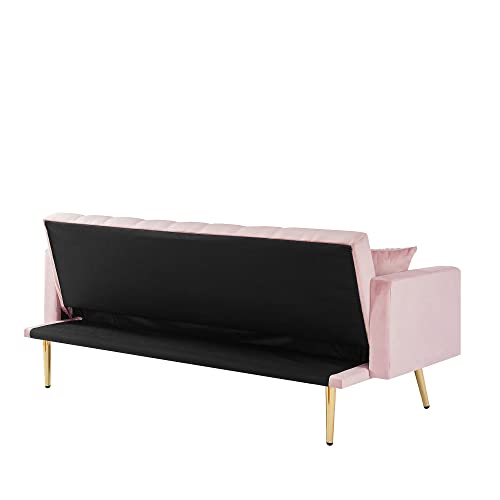 yunqishi SHIYONG 73.2" Velvet Futon Sofa Bed for Living Room, Convertible 3 Adjustable Couch Loveseat with Gold Metal Legs for Small Space (Pink)