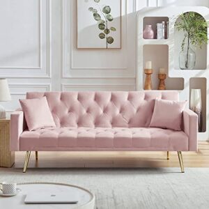 yunqishi SHIYONG 73.2" Velvet Futon Sofa Bed for Living Room, Convertible 3 Adjustable Couch Loveseat with Gold Metal Legs for Small Space (Pink)