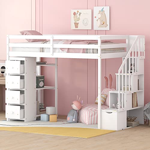 CITYLIGHT Twin Size Loft Bed with Storage Drawers and Stairs, Wooden Twin Loft Bed with Storage Shelves, High Loft Bed Twin for Kids, Teens, Boys & Girls (White)