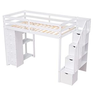 CITYLIGHT Twin Size Loft Bed with Storage Drawers and Stairs, Wooden Twin Loft Bed with Storage Shelves, High Loft Bed Twin for Kids, Teens, Boys & Girls (White)