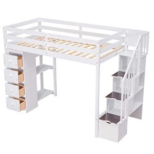 CITYLIGHT Twin Size Loft Bed with Storage Drawers and Stairs, Wooden Twin Loft Bed with Storage Shelves, High Loft Bed Twin for Kids, Teens, Boys & Girls (White)