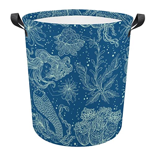 HoaMoya Collapsible Mermaids Corals Laundry Basket Summer Beach Freestanding Laundry Hamper With Handles Large Waterproof Cloth Toy Storage Bin for Household Bedroom Bathroom